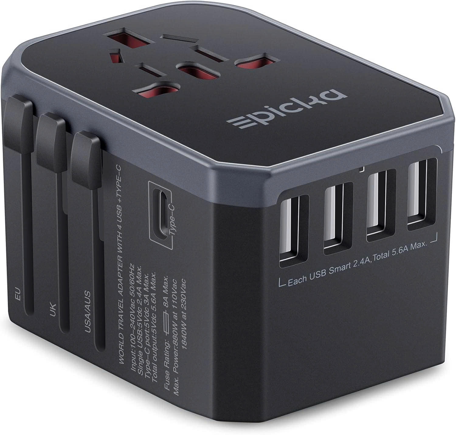 EPICKA Universal Travel Adapter – 4 USB Ports + 1 Type-C - Exploreve